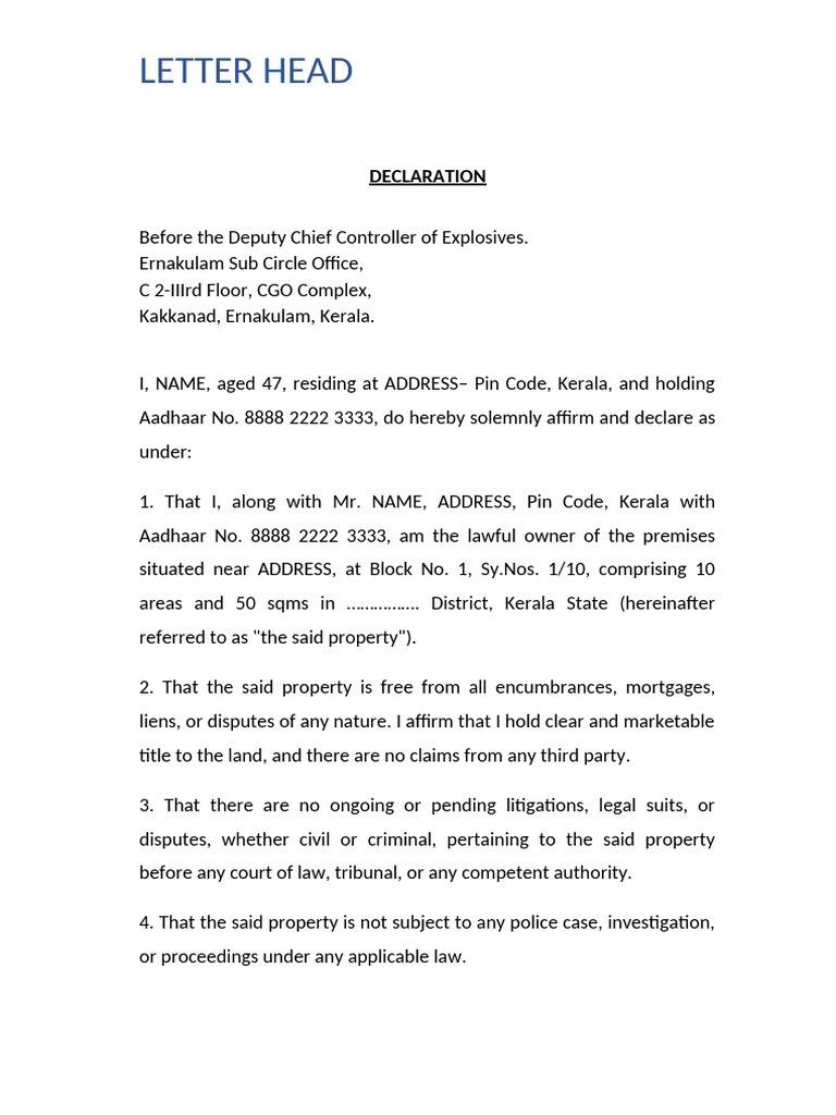 Declaration PESO (Explosive License) | PDF