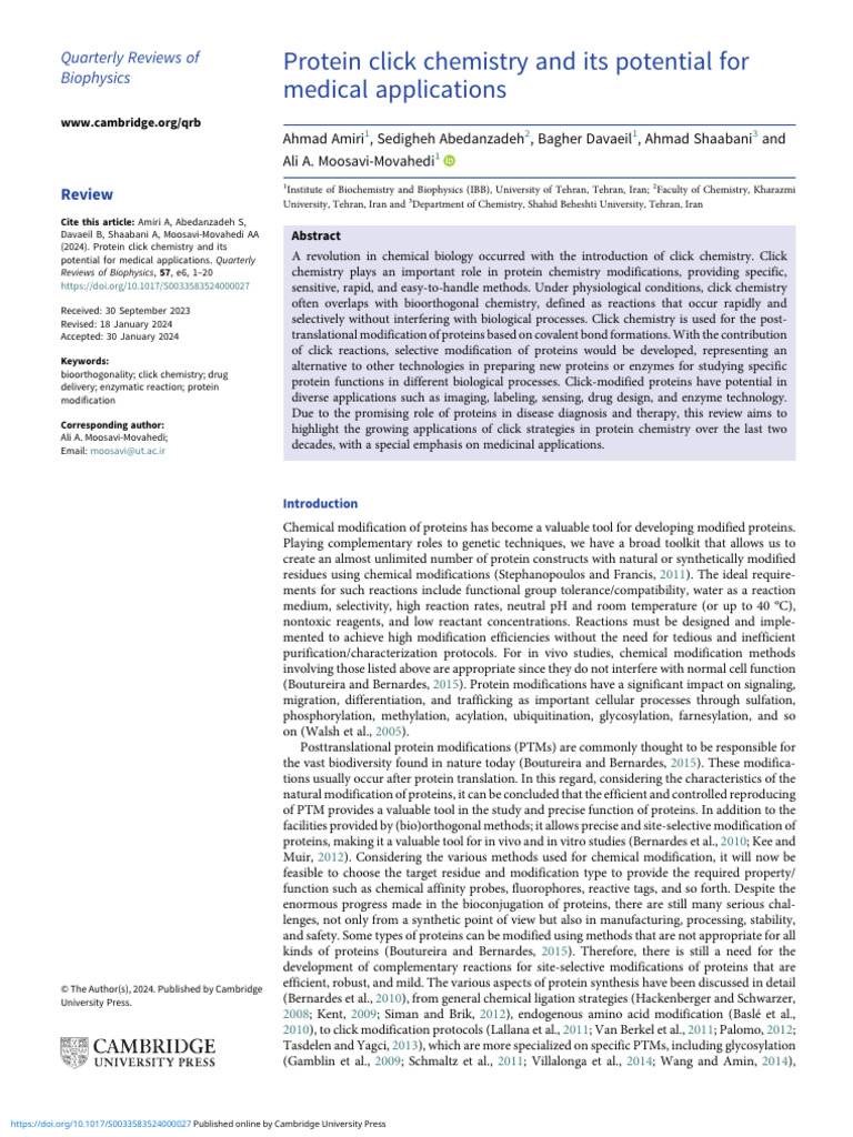 Protein Click Chemistry and Its Potential For Medical Applications ...