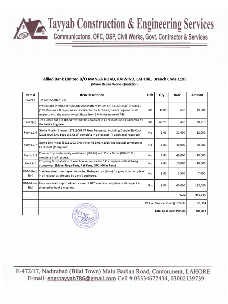Quotation For Repair Works-Tayyab | PDF | Architectural Elements | Building Engineering