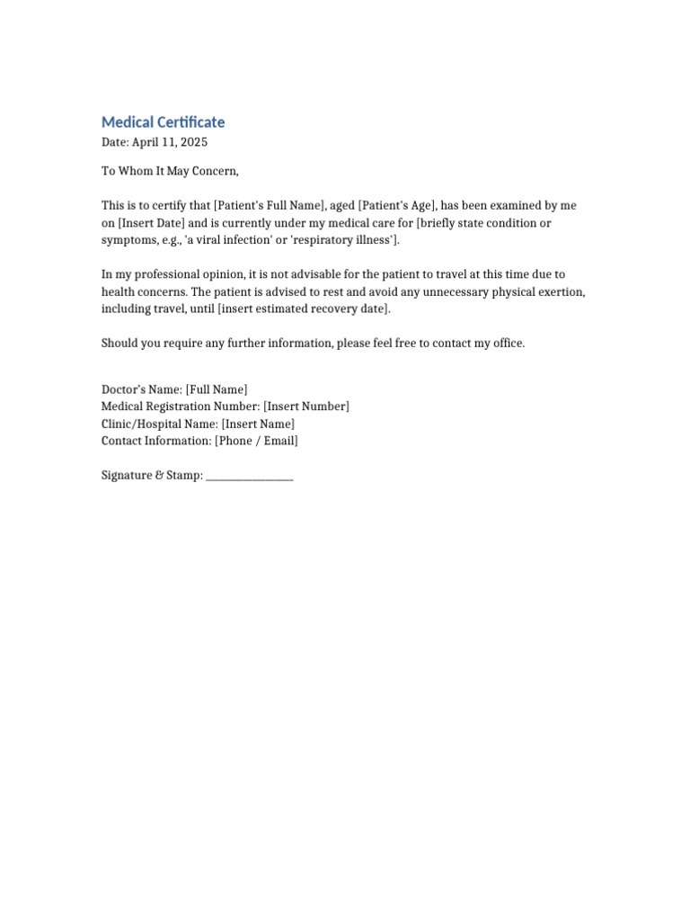 Medical Certificate Not To Travel | PDF