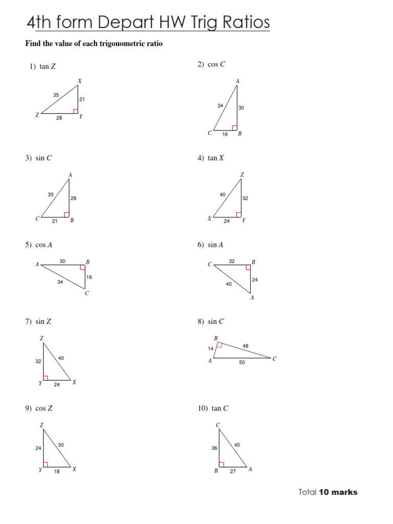 4th Form Assigment 6 Department HW Trig Ratios | PDF