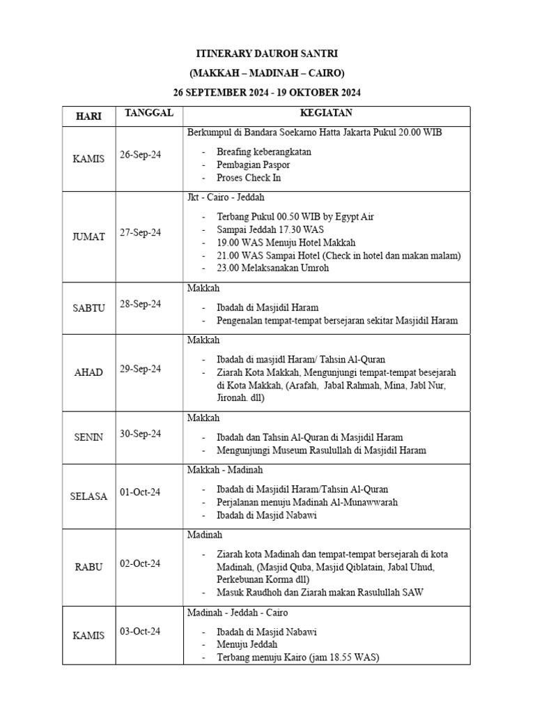 Itinerary Dauroh Santri Makkah-Cairo 2024 | PDF