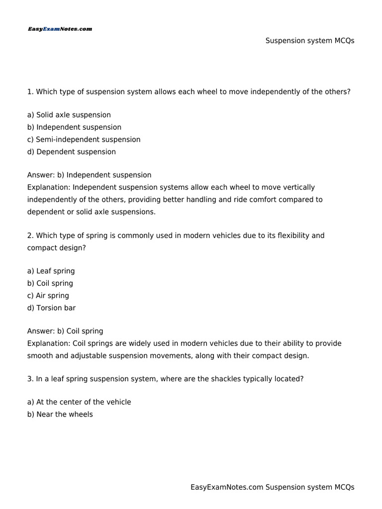 Easy Exam Notes Suspension MCQ | PDF | Brake | Tire