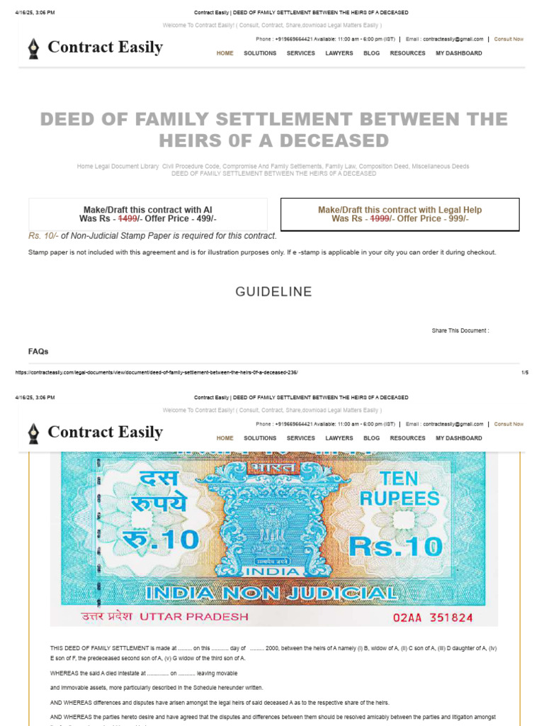 Contract Easily - Deed of Family Settlement Between The Heirs 0f A ...