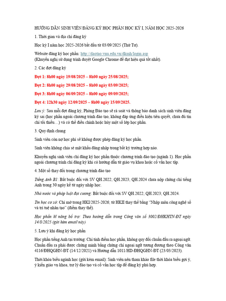 Huong Dan Dang Ky Hoc HK 1 Nam Hoc 2025-2026 | PDF