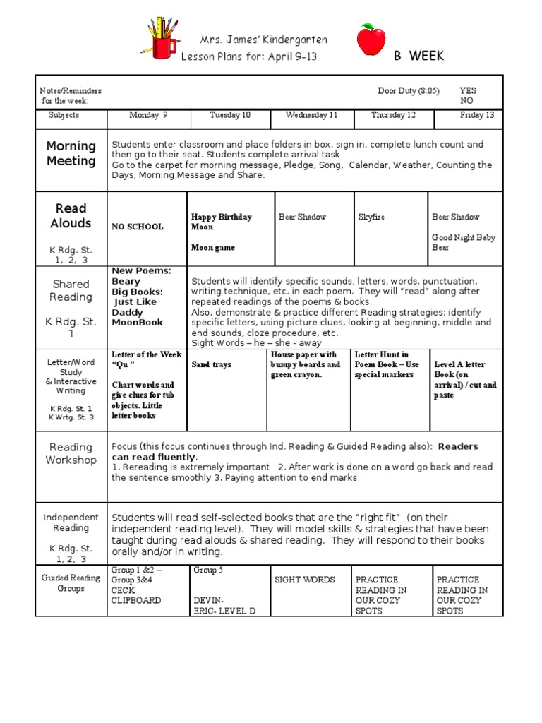 Kindergarten Lesson Plans: April 9-13 | PDF | Reading (Process ...