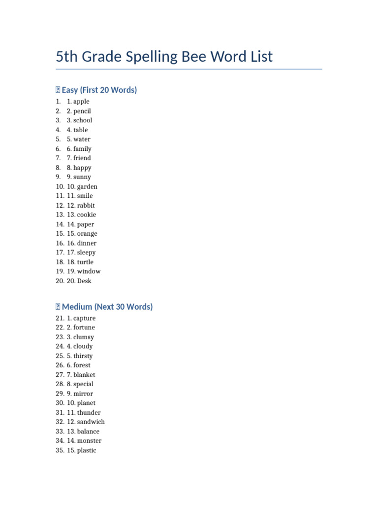 5th Grade Spelling Bee Word List | PDF