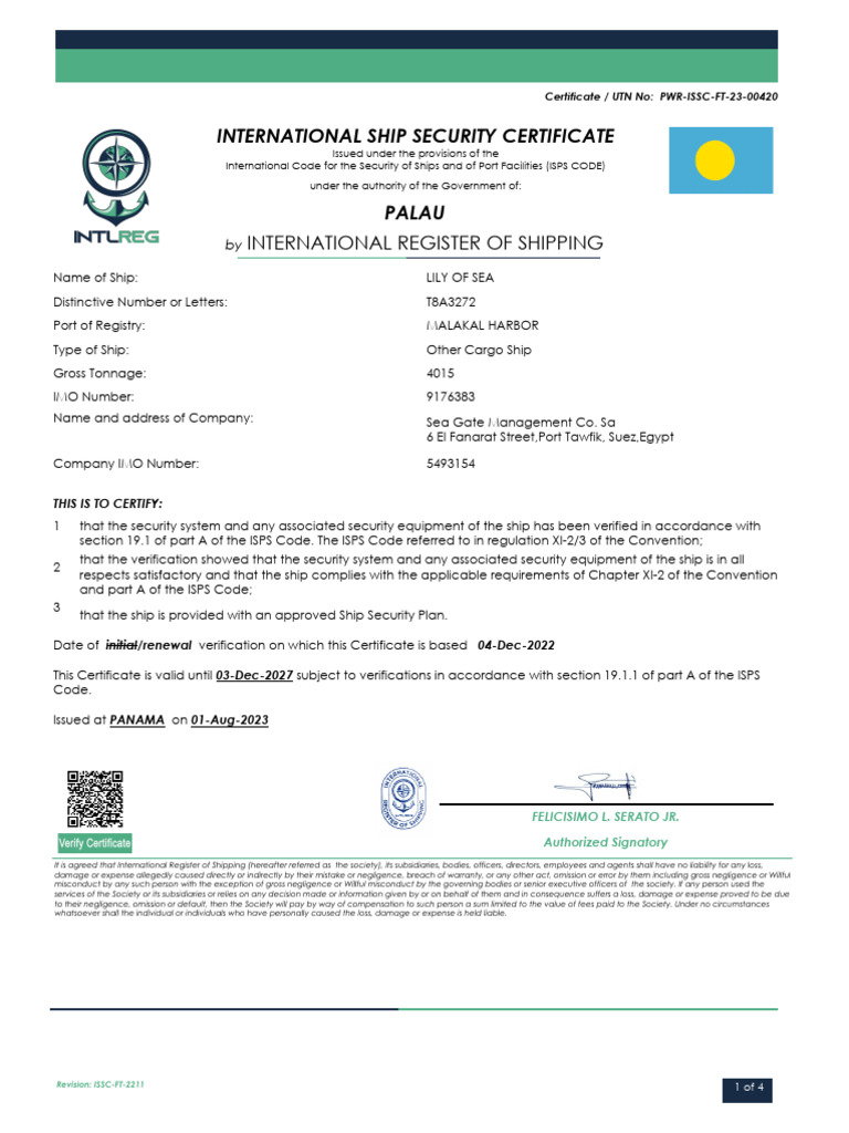 International Ship Security Certificate Details | PDF | Shipping ...