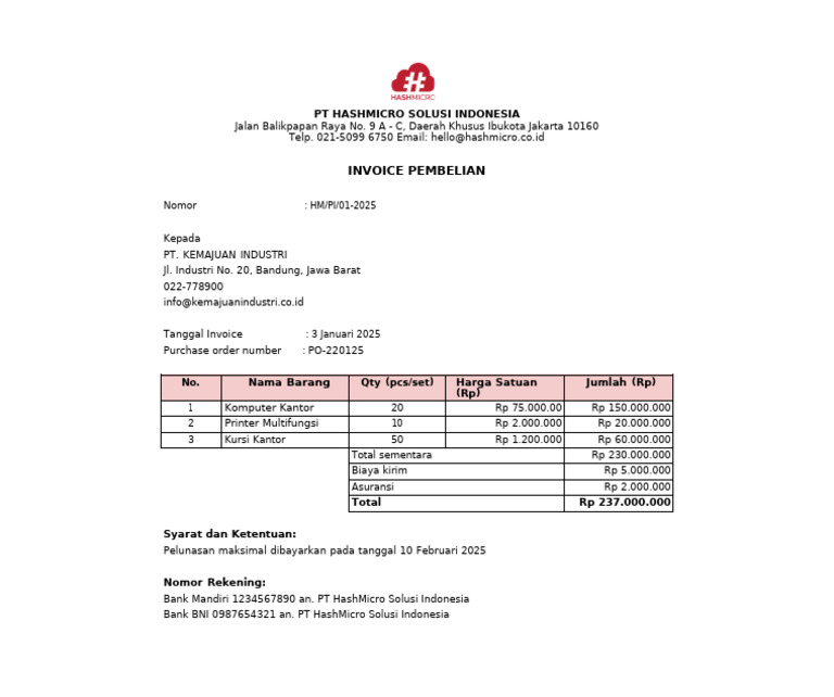 Contoh Invoice Pembelian HashMicro | PDF