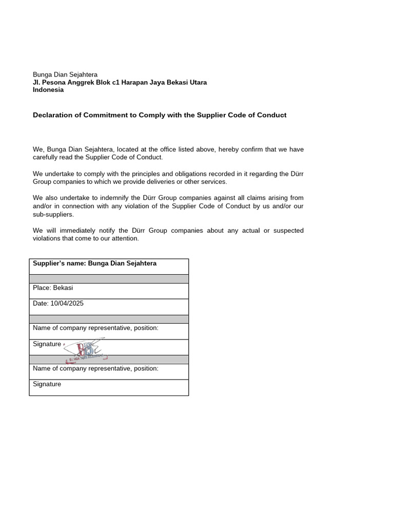 Declaration Vendor Durr Master | PDF