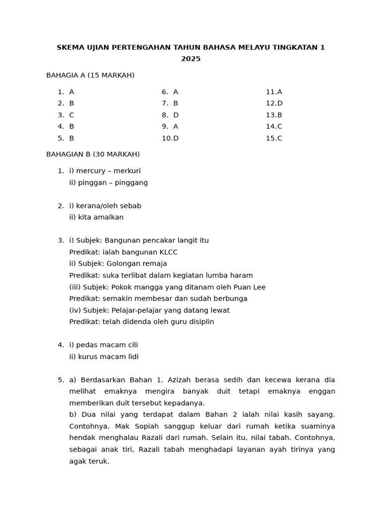 Skema Ujian Pertengahan Tahun Bahasa Melayu Tingkatan 1 2025 | PDF
