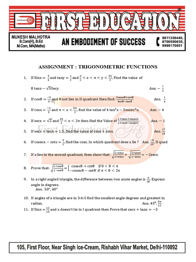 Trigonometric Functions Assignment | PDF | Trigonometry | Complex Analysis