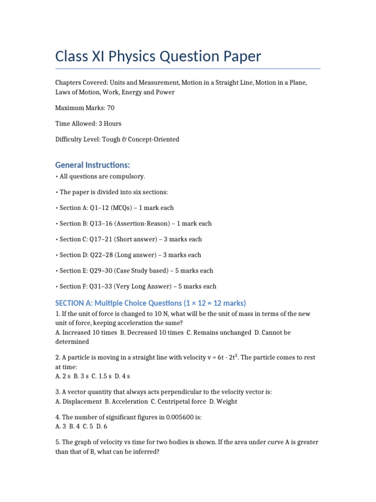 Class11 Physics Paper With Blueprint | PDF | Velocity | Acceleration