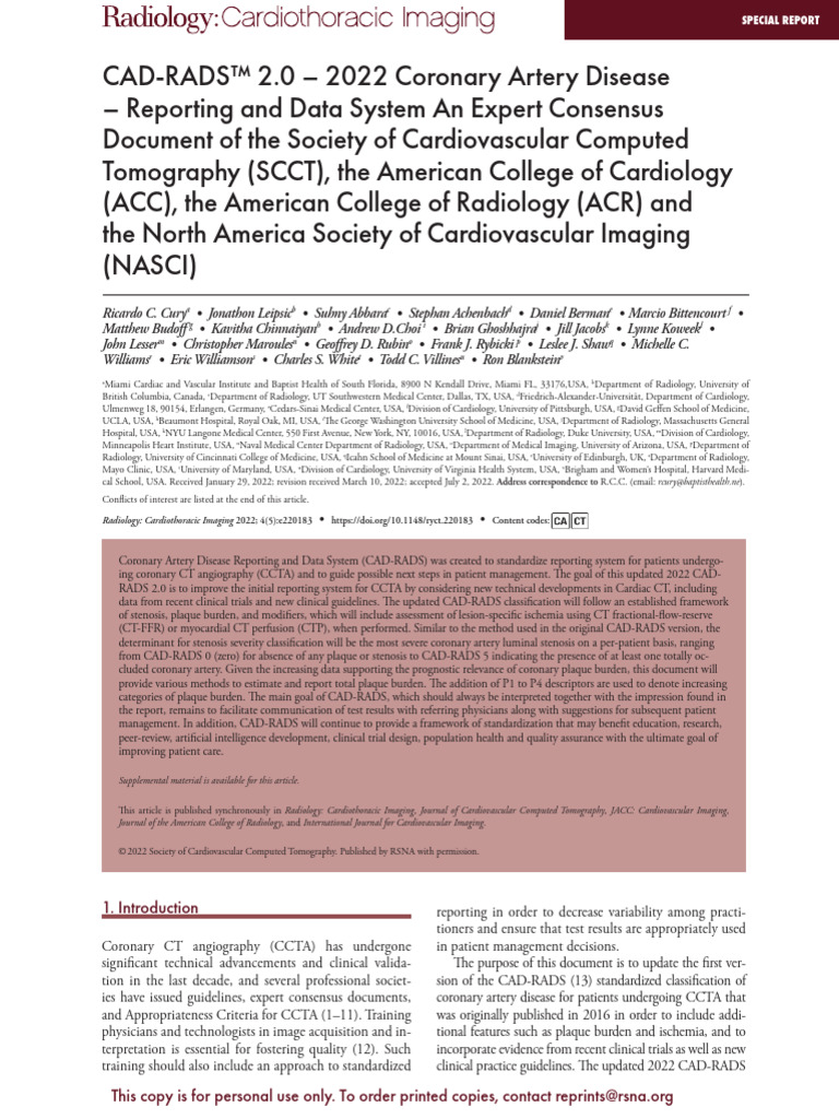 Updated CAD-RADS 2.0 Guidelines | PDF | Atheroma | Coronary Artery Disease