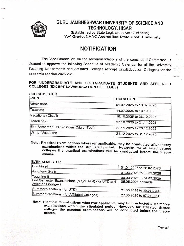 Academic Calendar 2025-26 UTD and Colleges | PDF