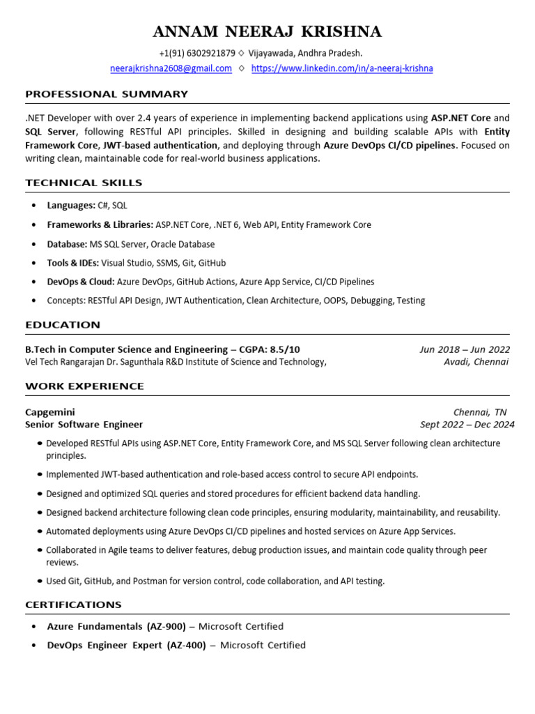 .NET Developer Resume - Neeraj Krishna | PDF | Microsoft Azure ...