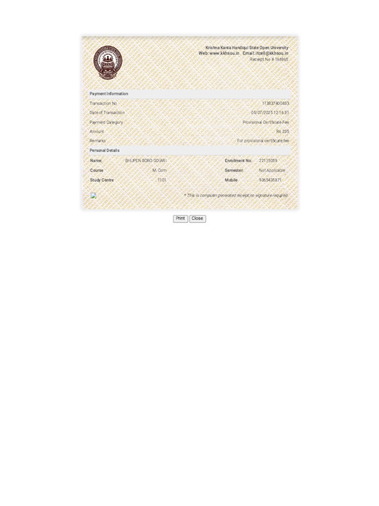 Provisional Certificate Payment Receipt | PDF