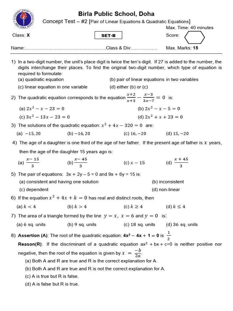 Class X - Concept Test #2 (Pair of Linear Eqns and Quadratic Eqns ...