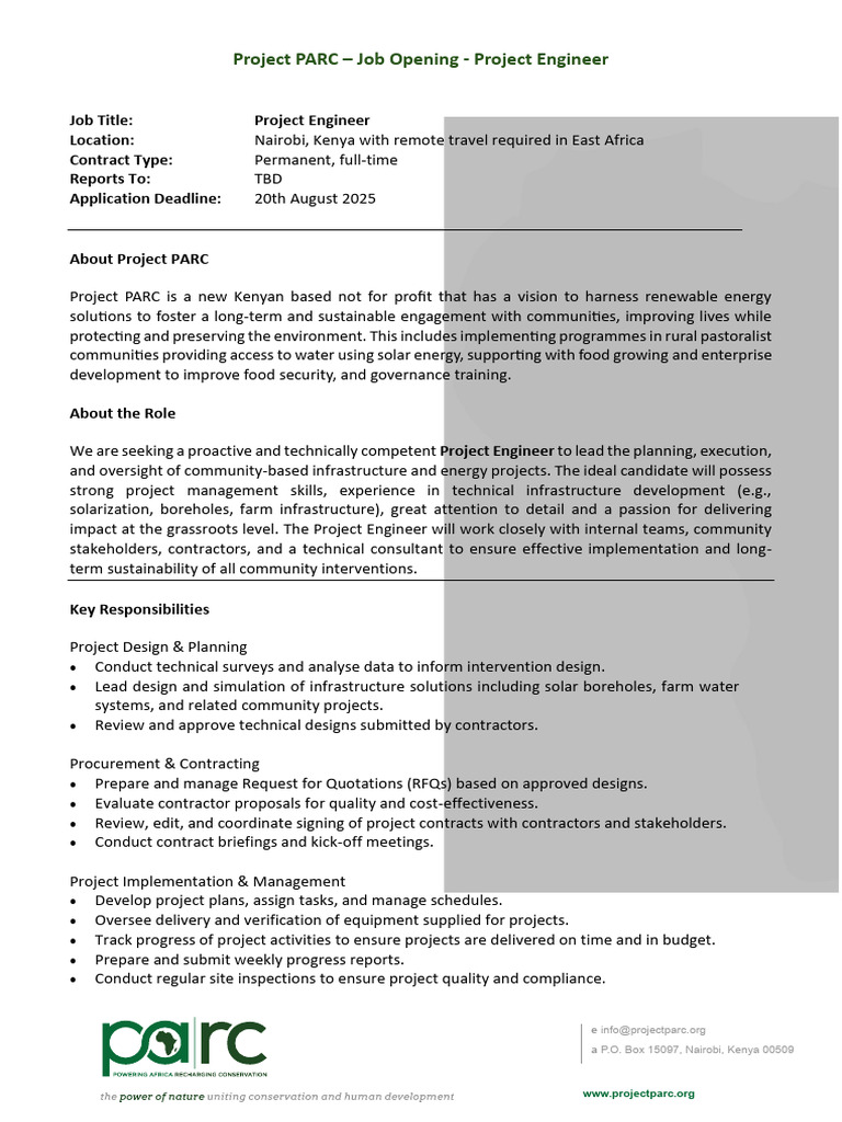 Job Opening: Project Engineer in Nairobi | PDF | Project Management ...