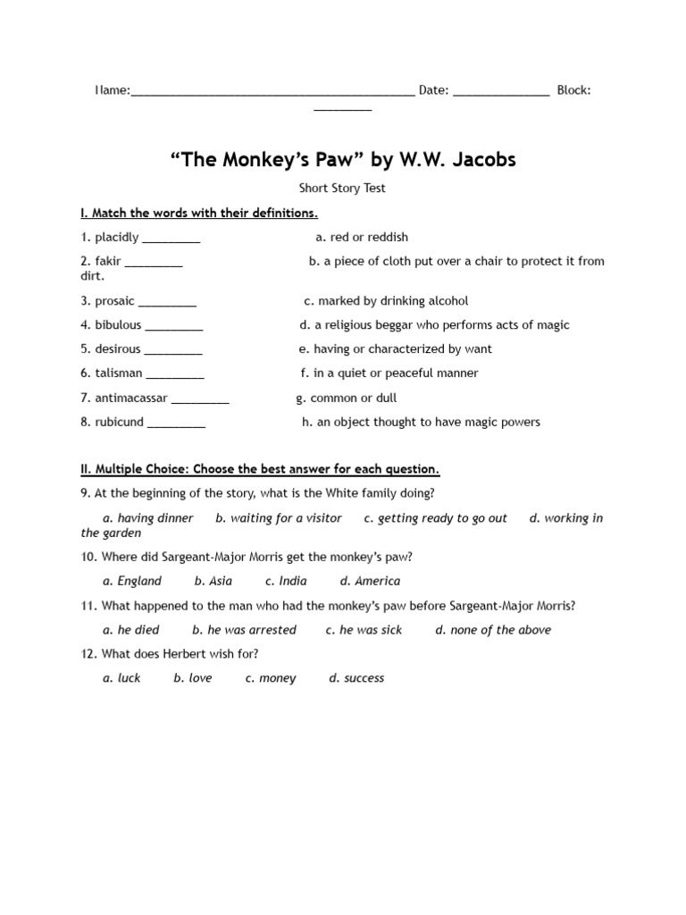 Monkeys Paw Voc Questions | PDF