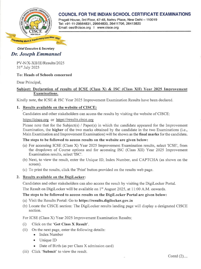 Circular - Declaration of ICSE & ISC Year 2025 Improvement Examination ...
