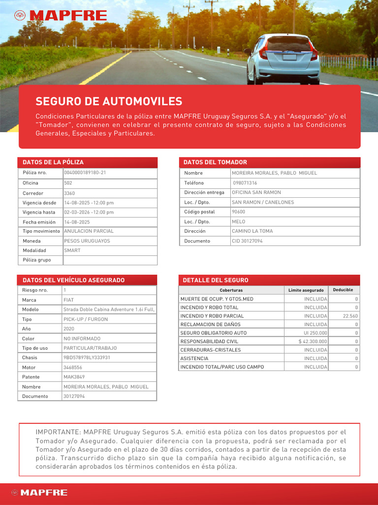 Poliza Mapfre Fiat Strada | PDF | Póliza de seguros | Seguro