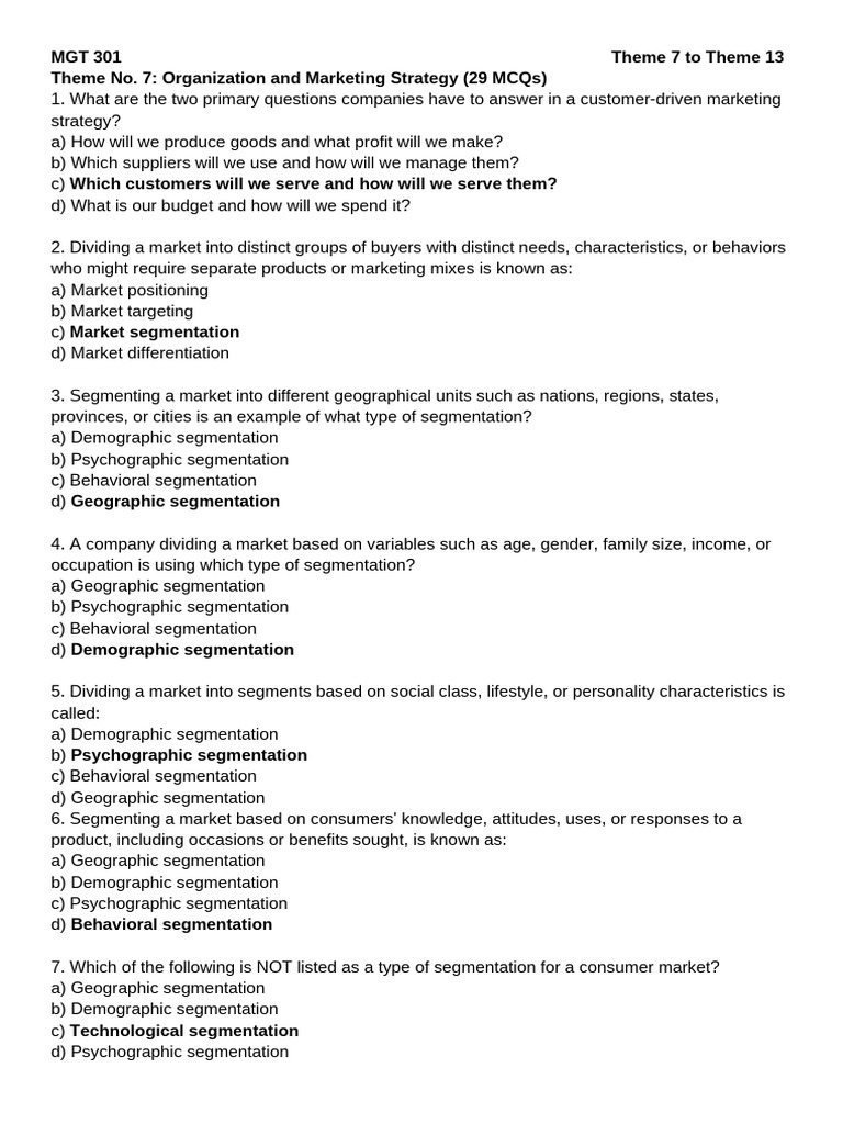 Marketing Strategy and Segmentation MCQs | PDF | Pricing | Market ...