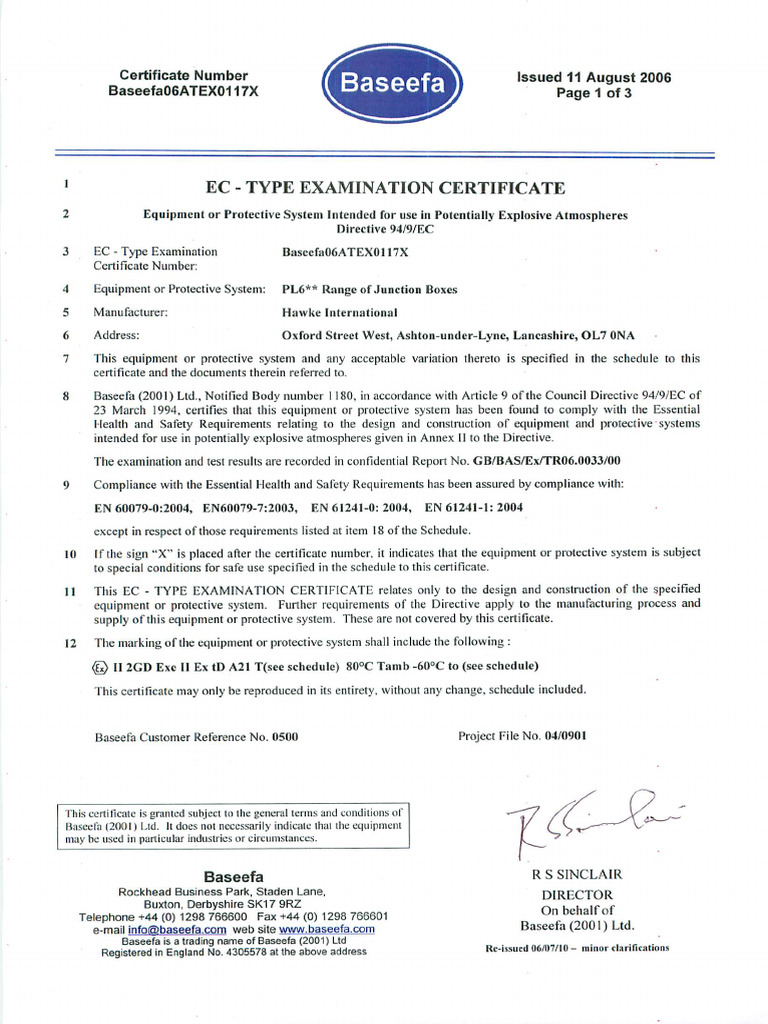 Baseefa 06 ATEX 0117X - Issue 11 | PDF