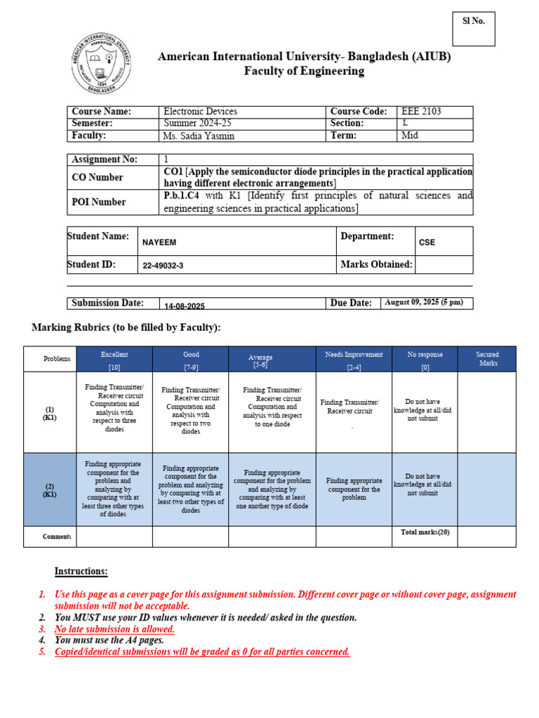 Assignment ED Summer 2024 25 Sec L | PDF | Diode | Power Supply