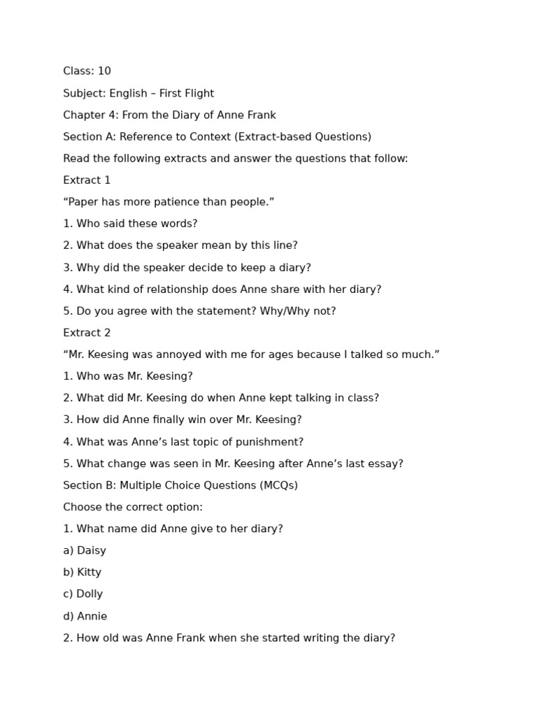 Chapter 4: Anne Frank's Diary Insights | PDF