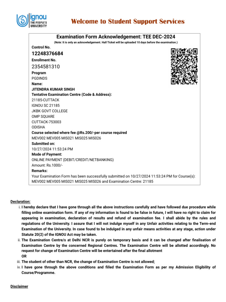 IGNOU__ Examination Form Acknowledgement (1) | PDF