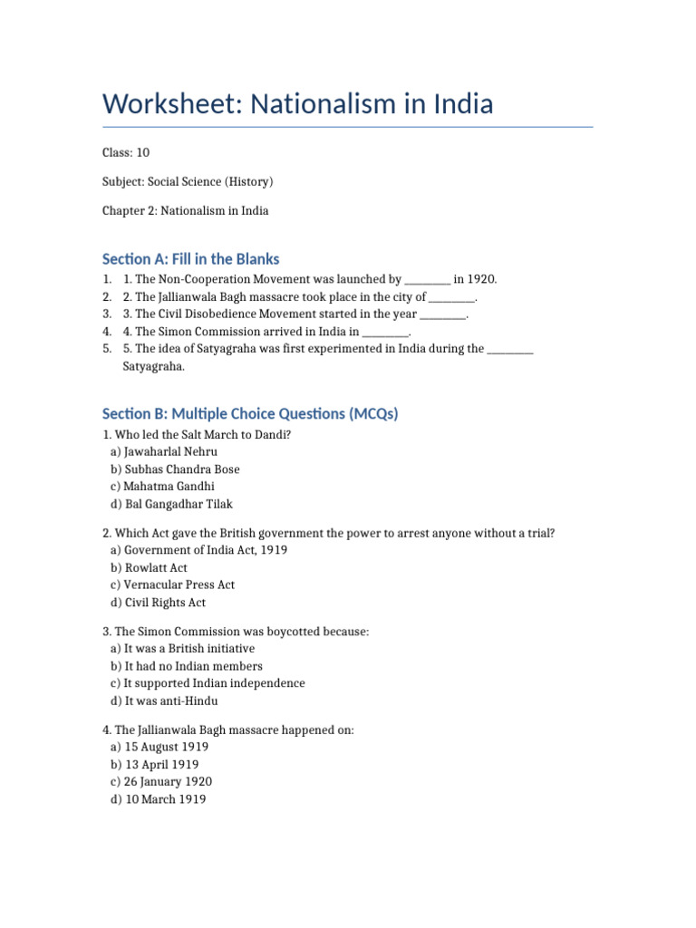 Nationalism in India Worksheet | PDF
