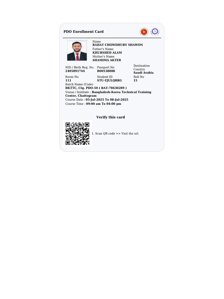 PDO Enrollment Card: Rahat Chowdhury Shawon Khurshed Alam Shamima Akter ...