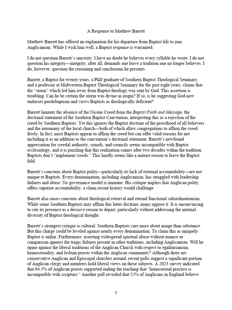 Response to Matthew Barrett's Departure | PDF | Baptists | Anglicanism