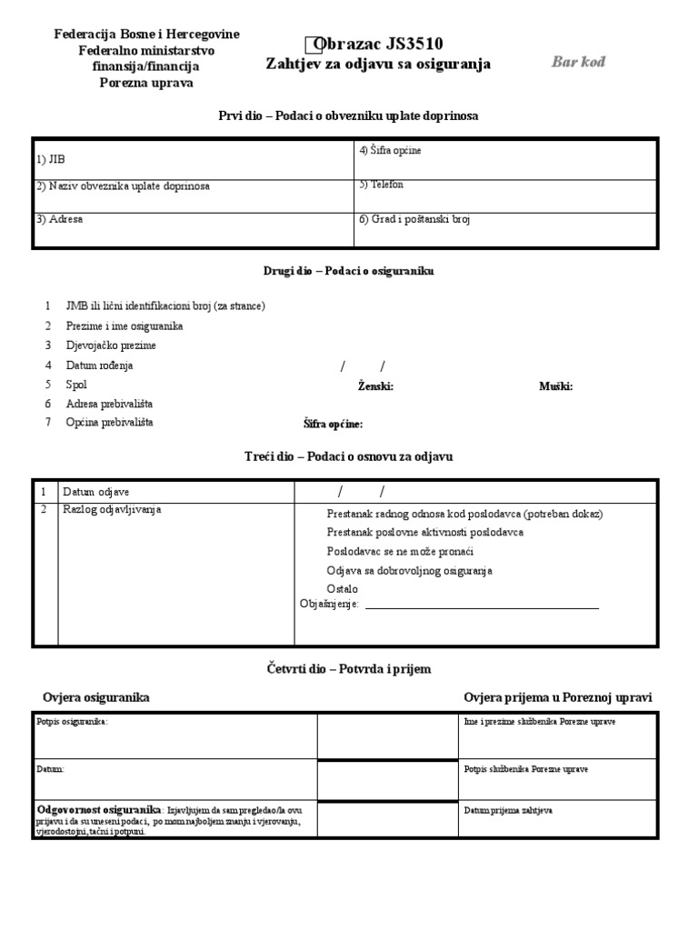 JS3510-Zahtjev Za Odjavu Sa Osiguranja | PDF