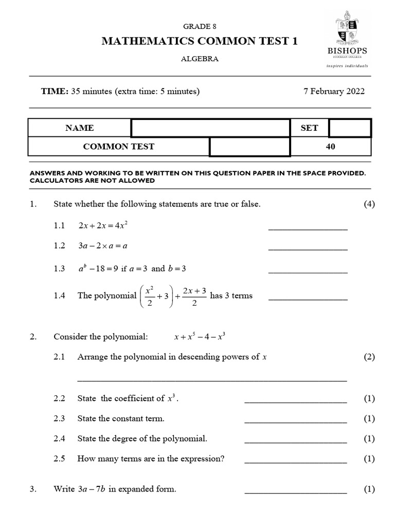 Grade 8 Algebra Common Test 1 | PDF | Polynomial | Numerical Analysis