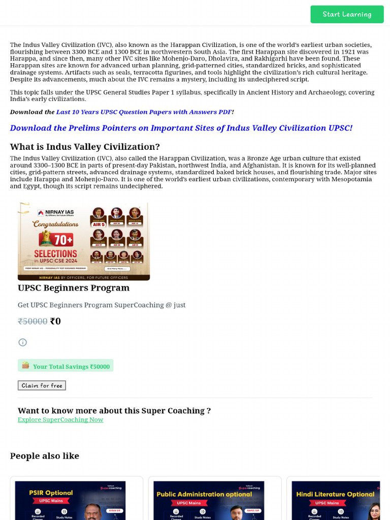 Important Sites of Indus Valley Civilization, List of Harappan Sites | PDF