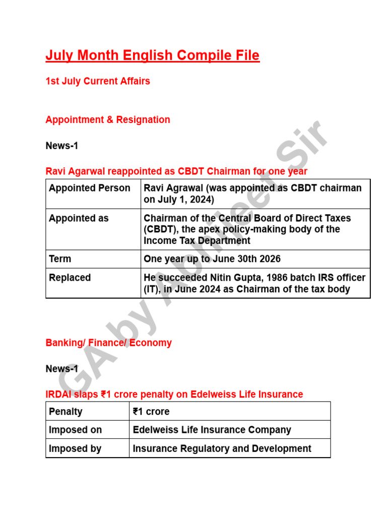 July 2024 Current Affairs Summary | PDF | International Atomic Energy ...