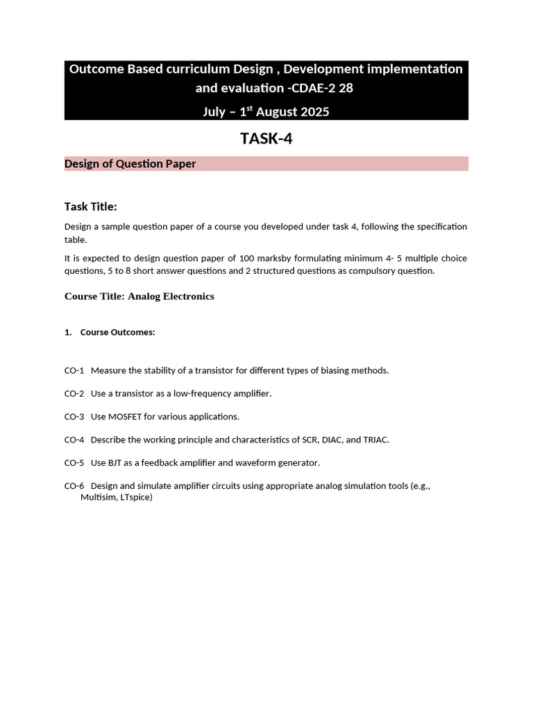 Sample Question Paper for Analog Electronics | PDF | Amplifier ...