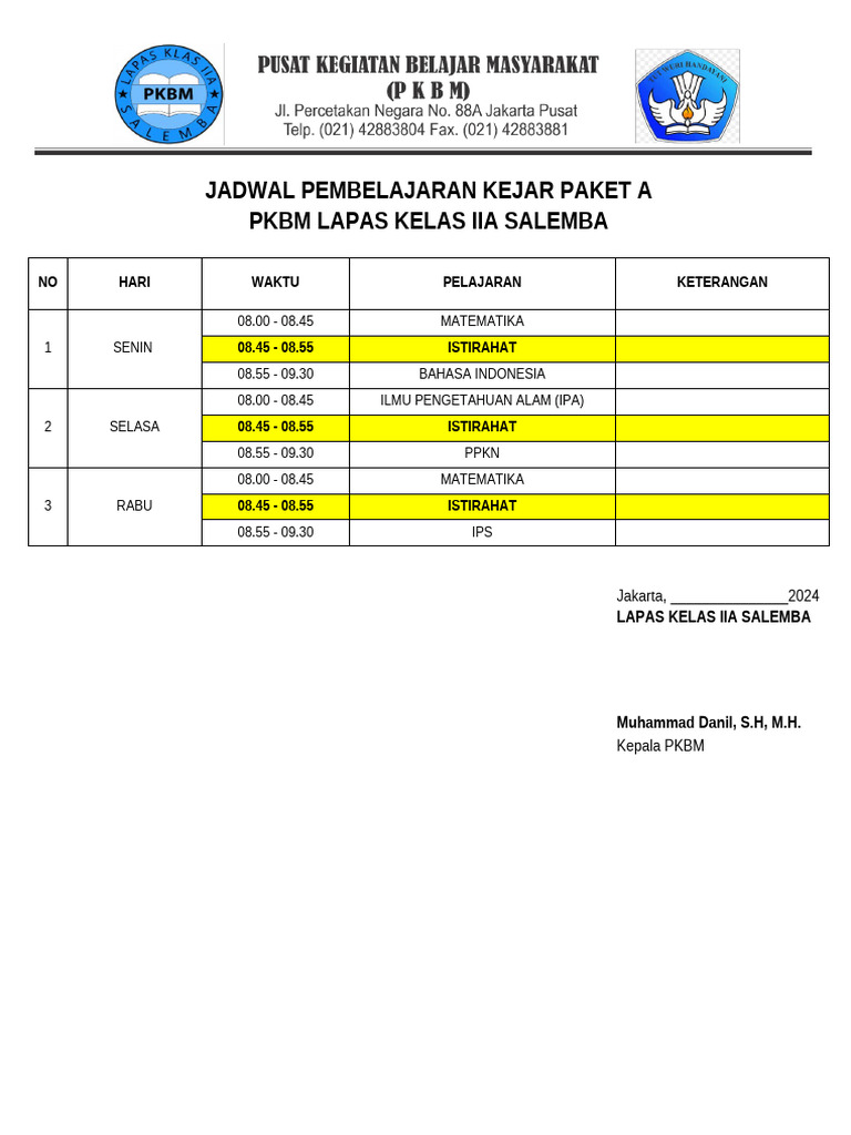 Jadwal Pembelajaran PKBM Lapas Salemba | PDF