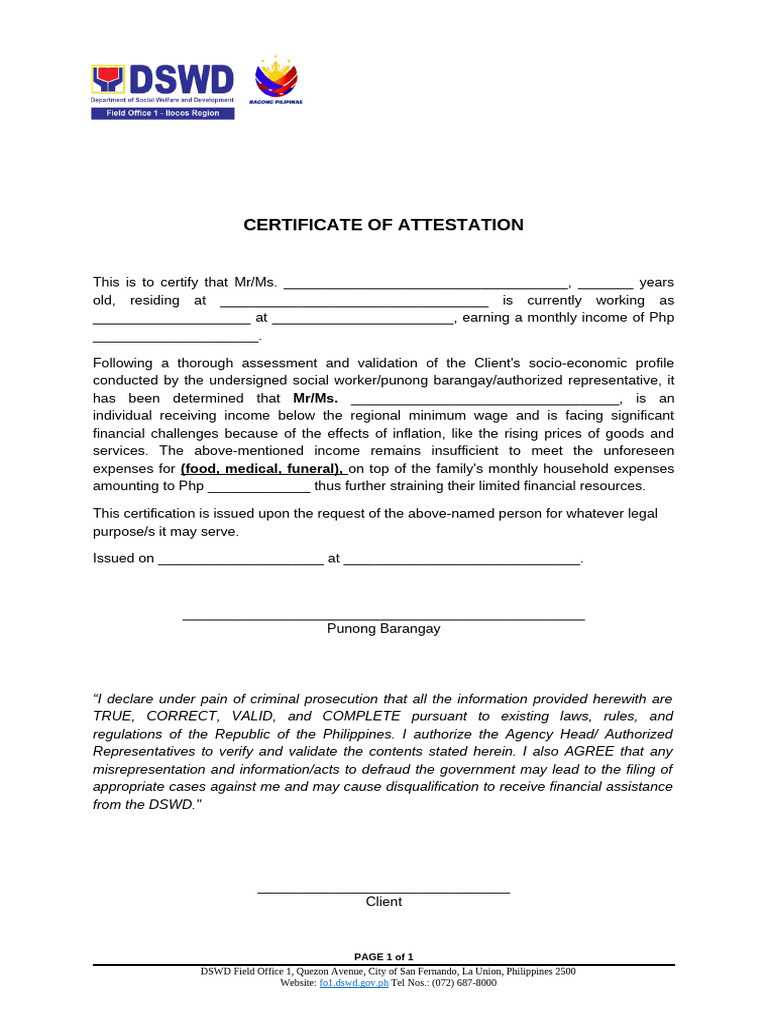 DSWD Certificate of Attestation Template | PDF