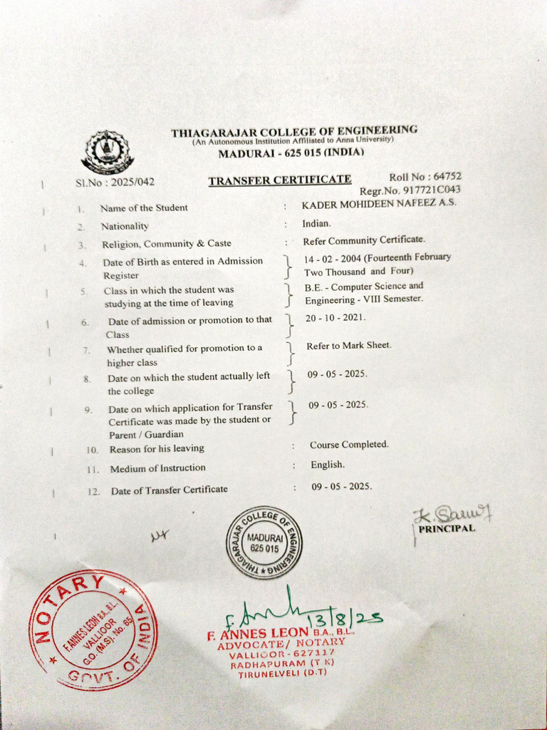 Transfer Certificate | PDF