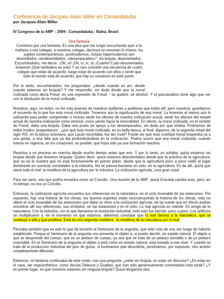 Conferencia de Jacques Alain Miller | PDF | Psicoanálisis | Jacques Lacan