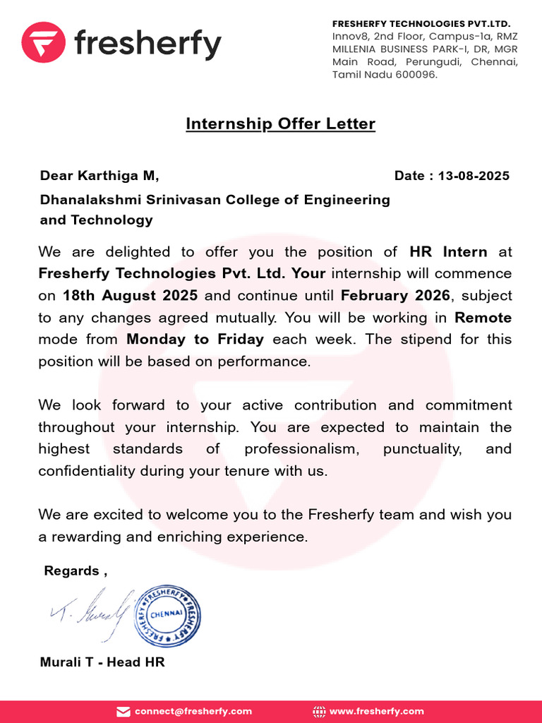Karthiga M - Internship Offer Letter | PDF