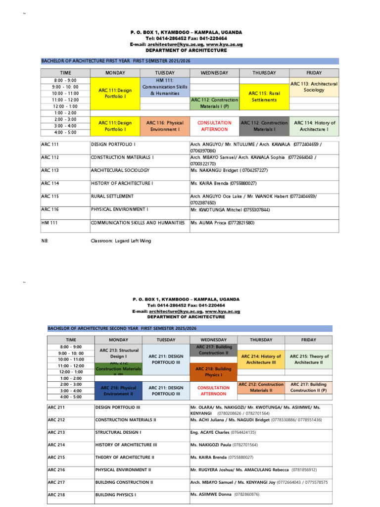 Bachelor of Architecture Timetable 2025/26 | PDF