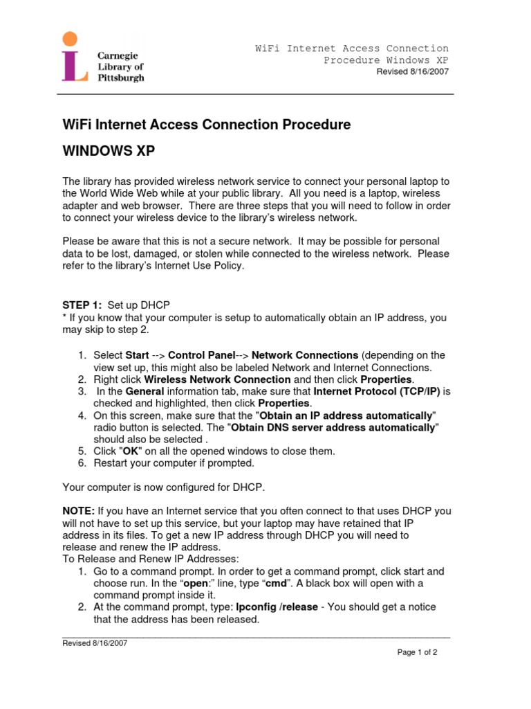 WiFi Internet Access Connection Procedure WindowsXP | Ip Address ...