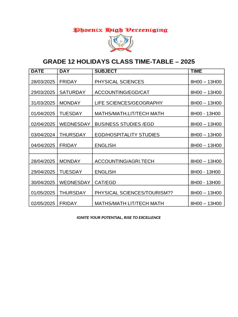 Grade 12 Timetable 2025 Overview | PDF