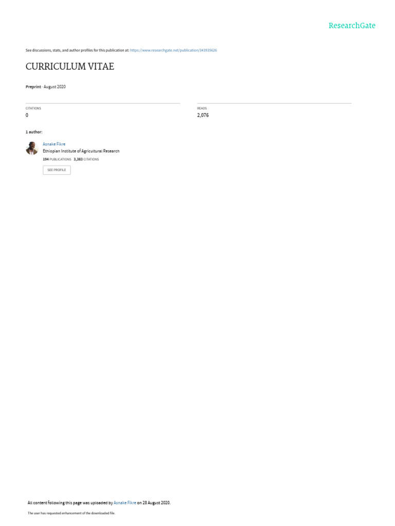 Asnake Fikre's Curriculum Vitae | PDF | Chickpea | Plant Breeding
