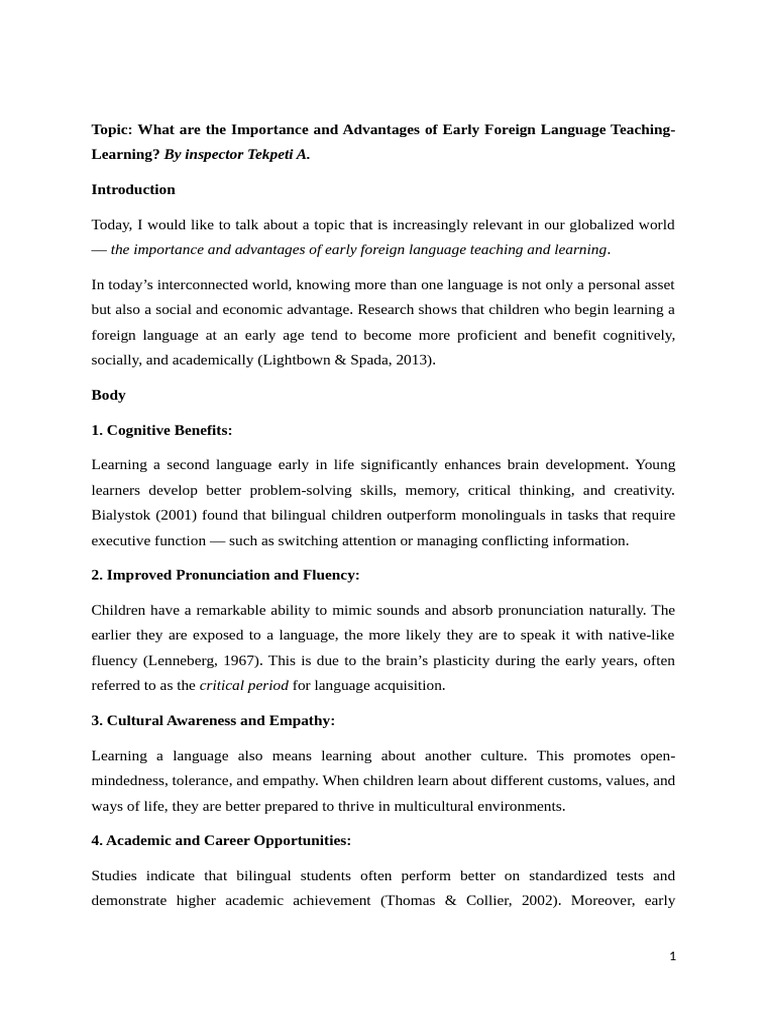 Advantages of Early Language Learning | PDF | Foreign Language | Second ...