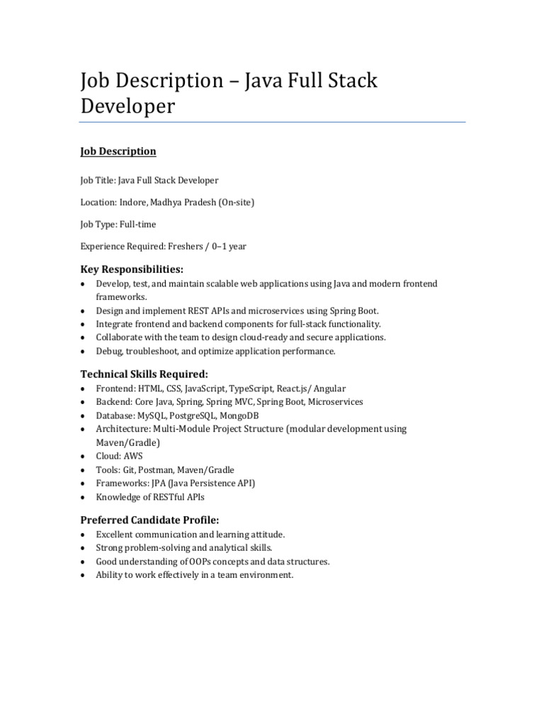 Java Full Stack Developer Role in Indore | PDF